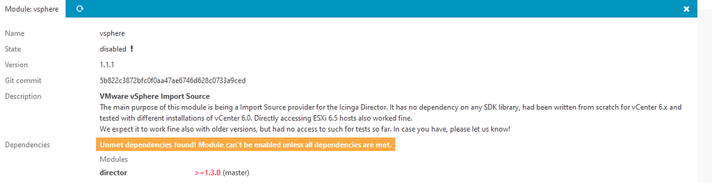 Icinga module vsphere can't be enabled due to missing version requirement of director - Icinga ...