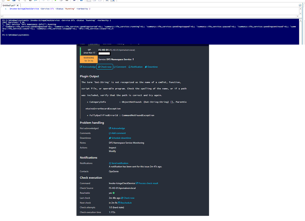 Service Monitoring - Commands working when ran on devices, but when bieng executed via web ...